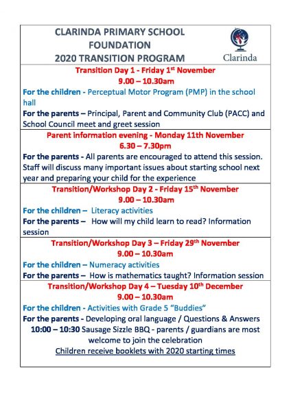 2020 Prep Transition Program Dates - Clarinda Primary School